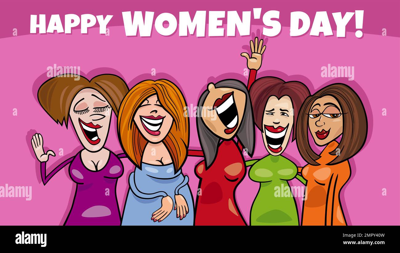 Women's Day greeting card design with happy comic woman characters ...