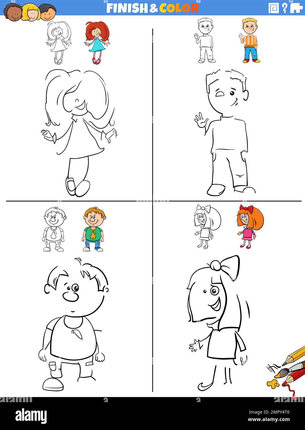 Cartoon illustration of drawing and coloring educational worksheets set ...