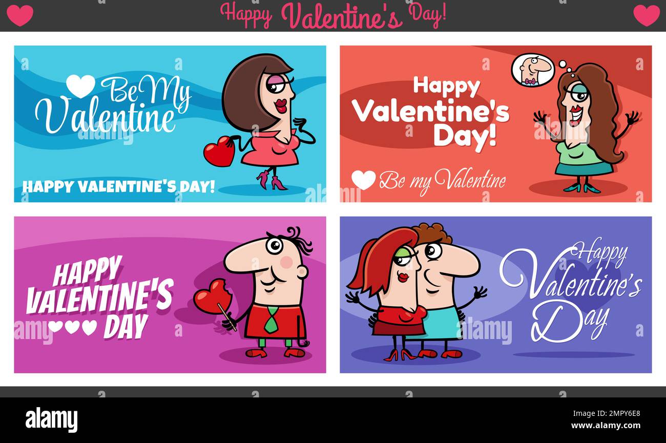 Valentines Day greeting card designs set with funny characters in love ...