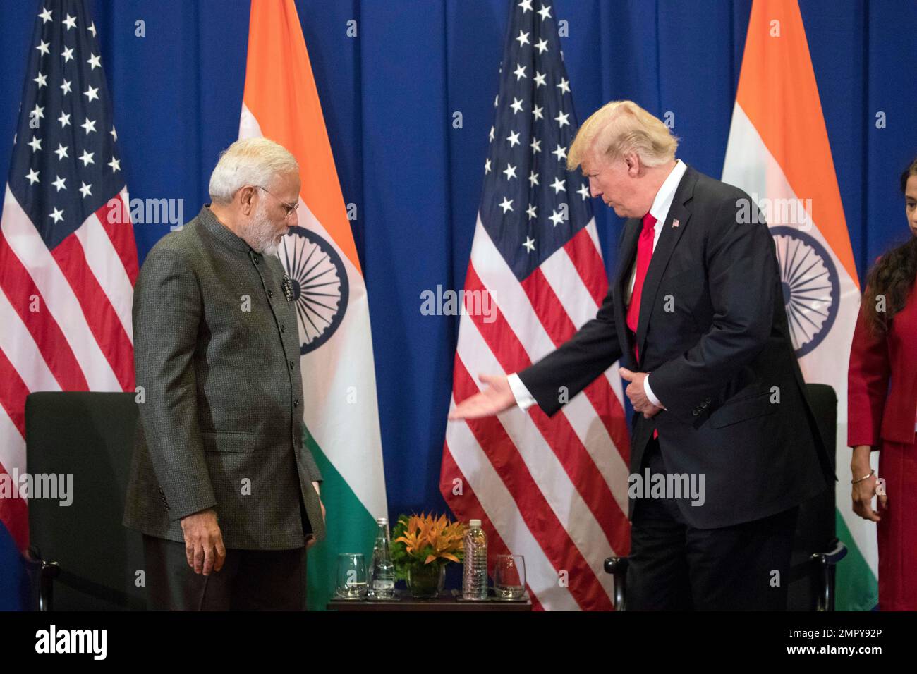 U.S. President Donald Trump, right, and Indian Prime Minister Narendra Modi hold a bilateral ...