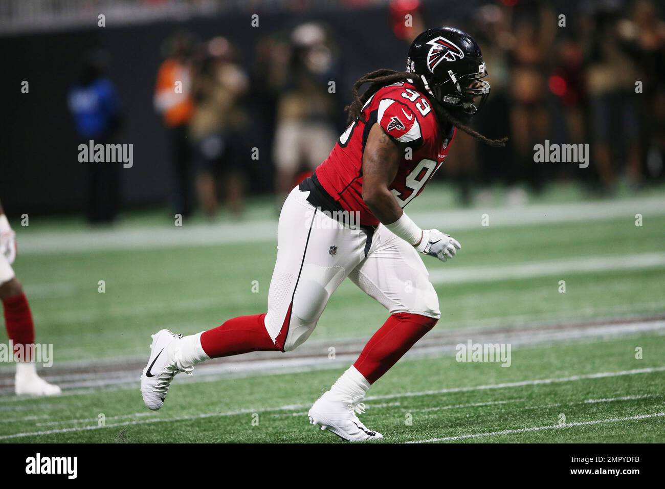 Atlanta Falcons defensive end Adrian Clayborn (99) works against the ...