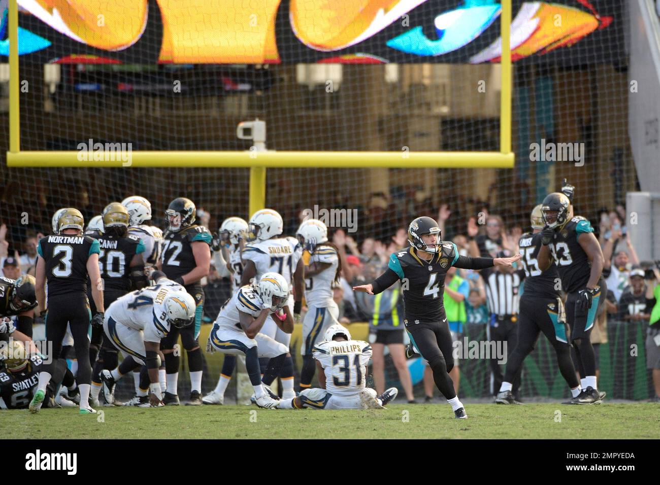 Jacksonville Jaguars kicker Josh Lambo (4) celebrates his game-winning ...