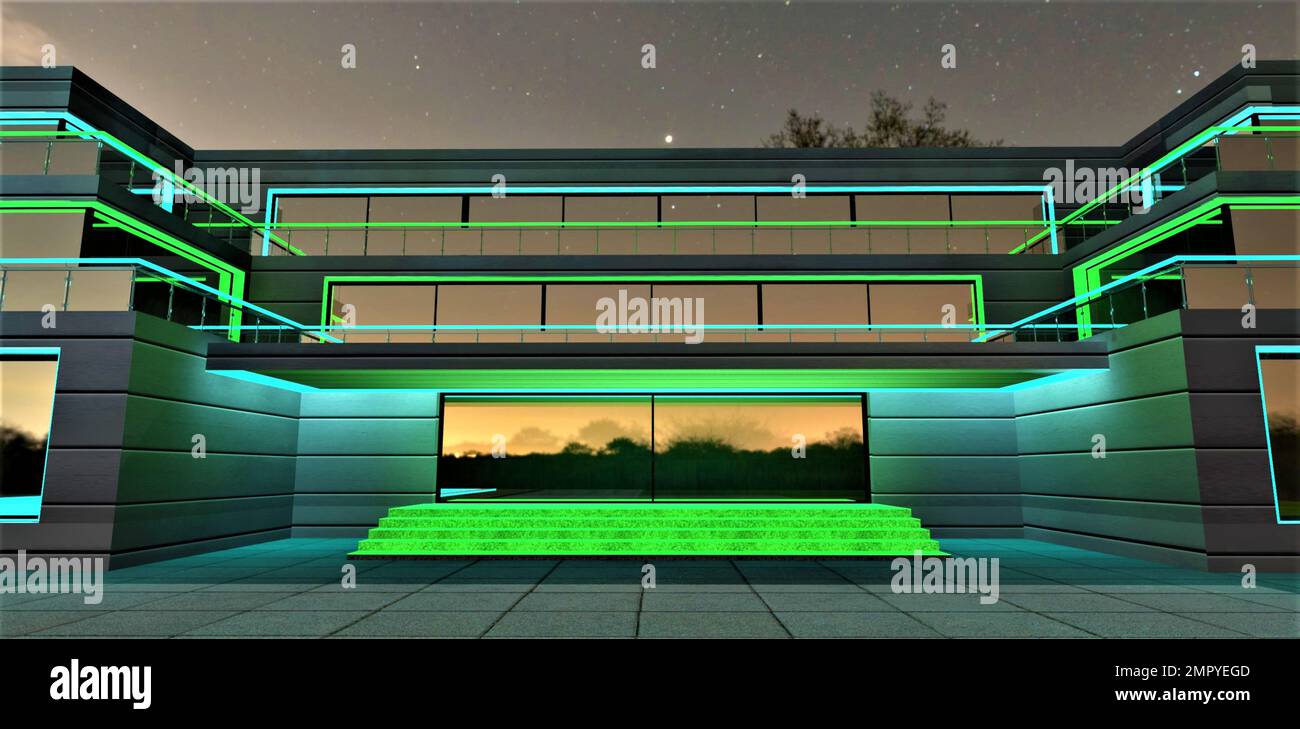 Front entrance of the luxury estate at night. Green illumination of the ...