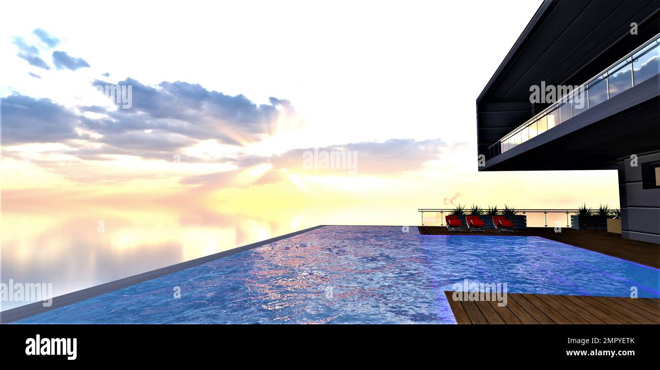 Rooftop pool on the skyscraper. Several red sun loungers on the decking ...