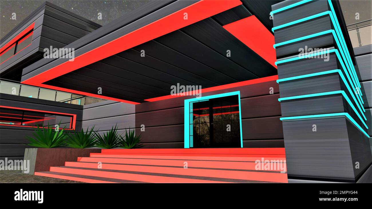 Red illuminated entrance to a stylish upscale night club. Aluminium ...