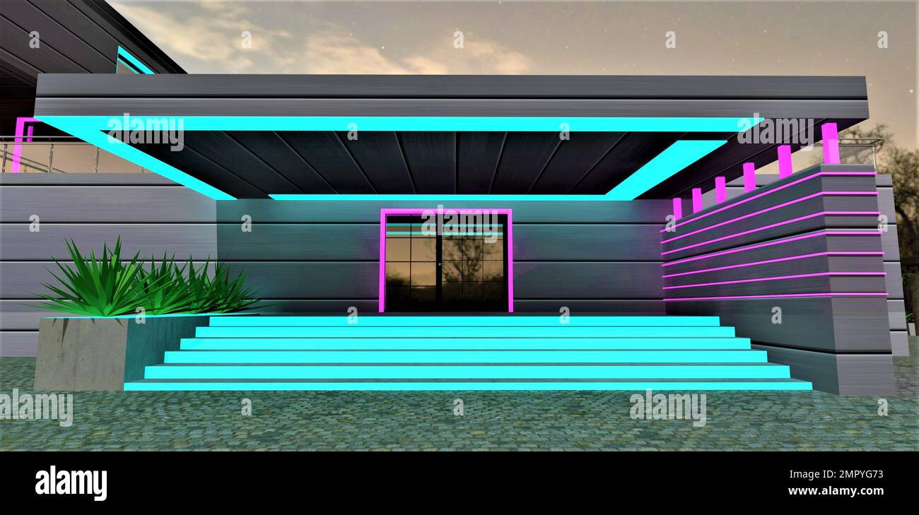 Turquoise glowing staircase of the stylish porch. Entry door with glass ...