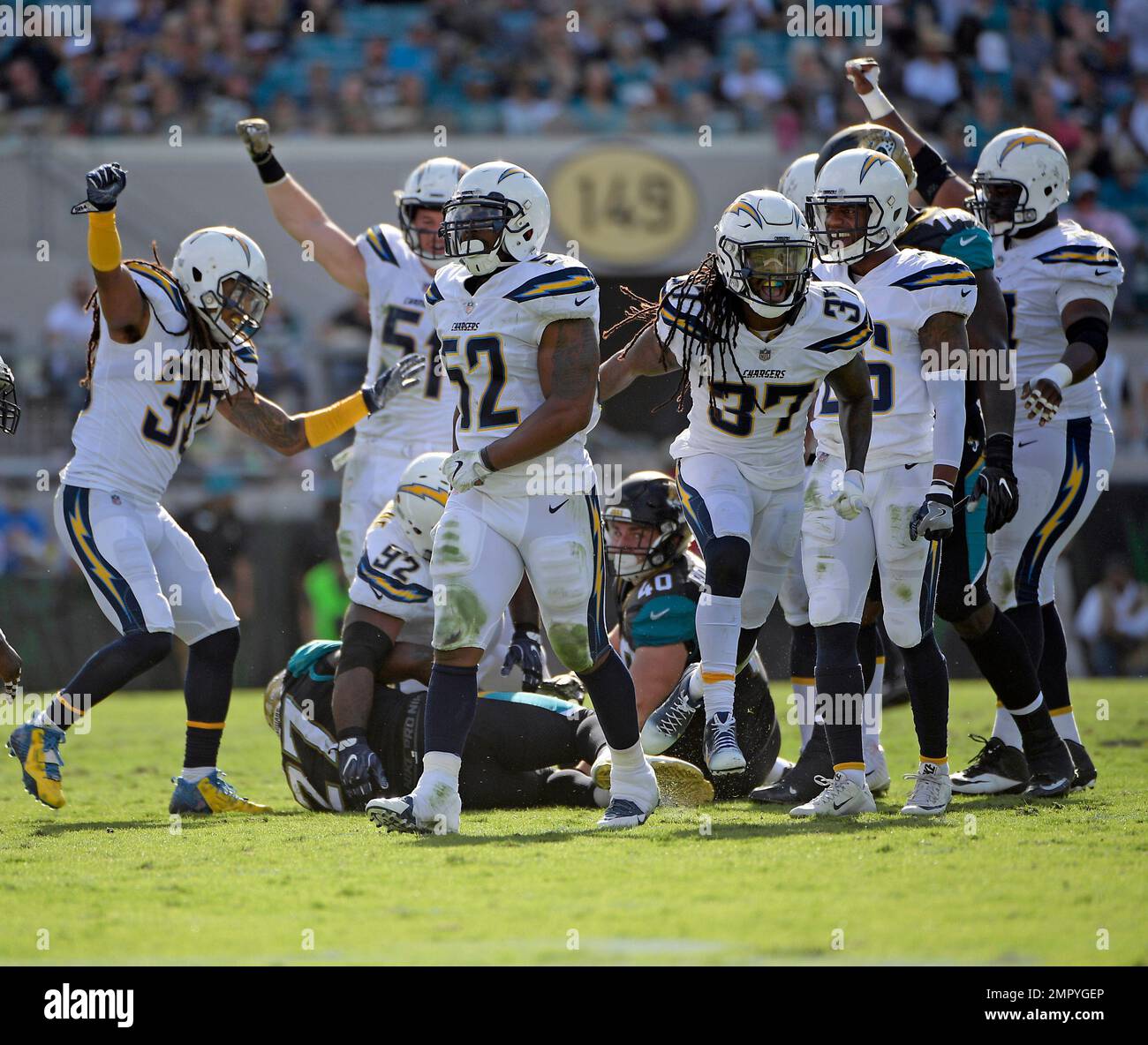 Los Angeles Chargers defense celebrates a big stop against the ...