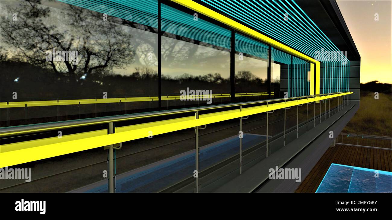 Yellow glowing rail of the glass panel fence of the stylish illuminated ...