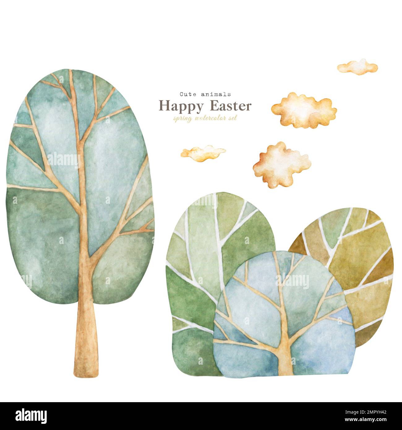 Watercolor trees. Spring landscape illustration Stock Photo - Alamy