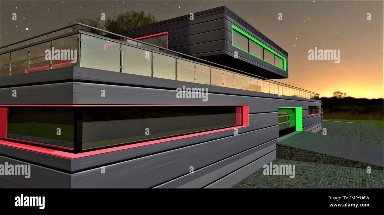 Corner window with red illumination on the facade finished with ...