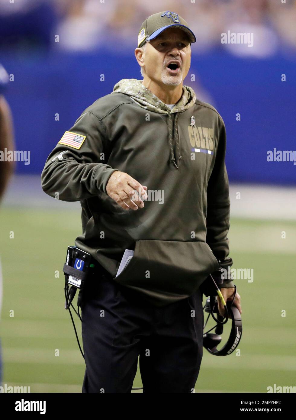 Indianapolis Colts head coach Chuck Pagano yells from the sideline ...