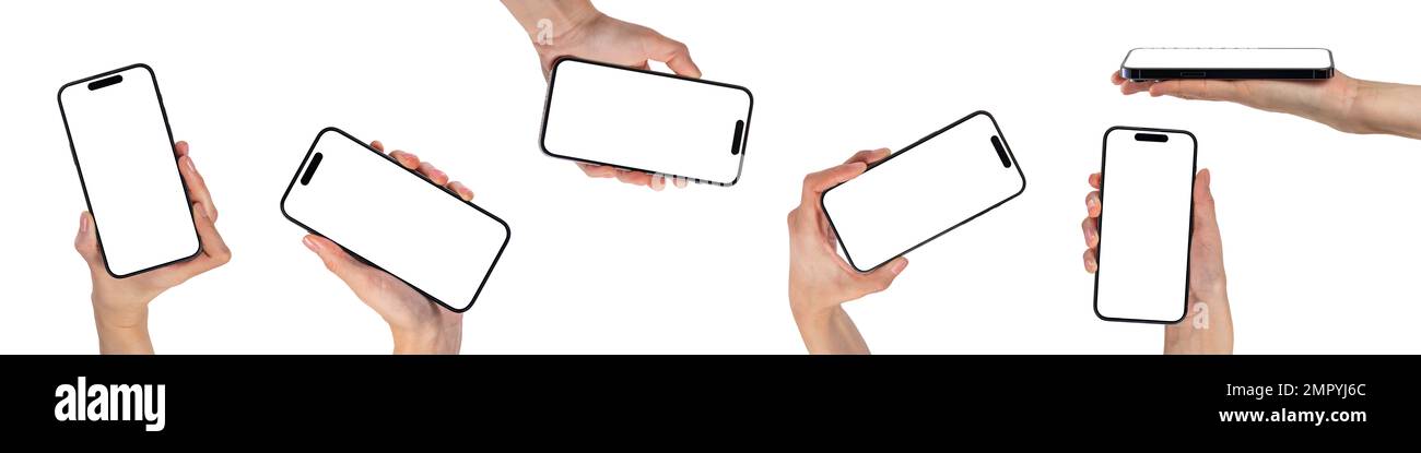 Phone in hand, set. Modern, new phone in hand isolated on white ...