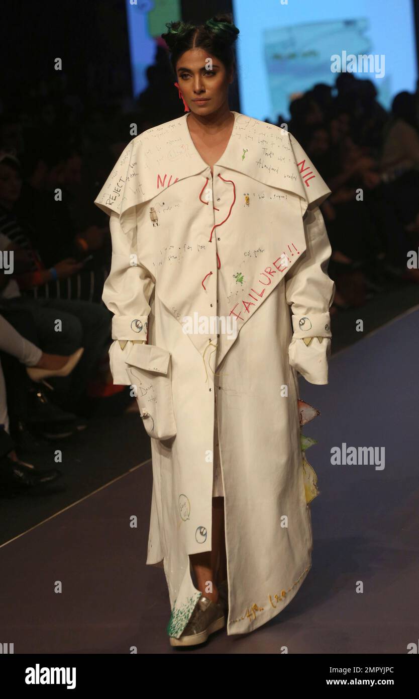 A model presents a creation by designer Farah Asad during the "Made in ...