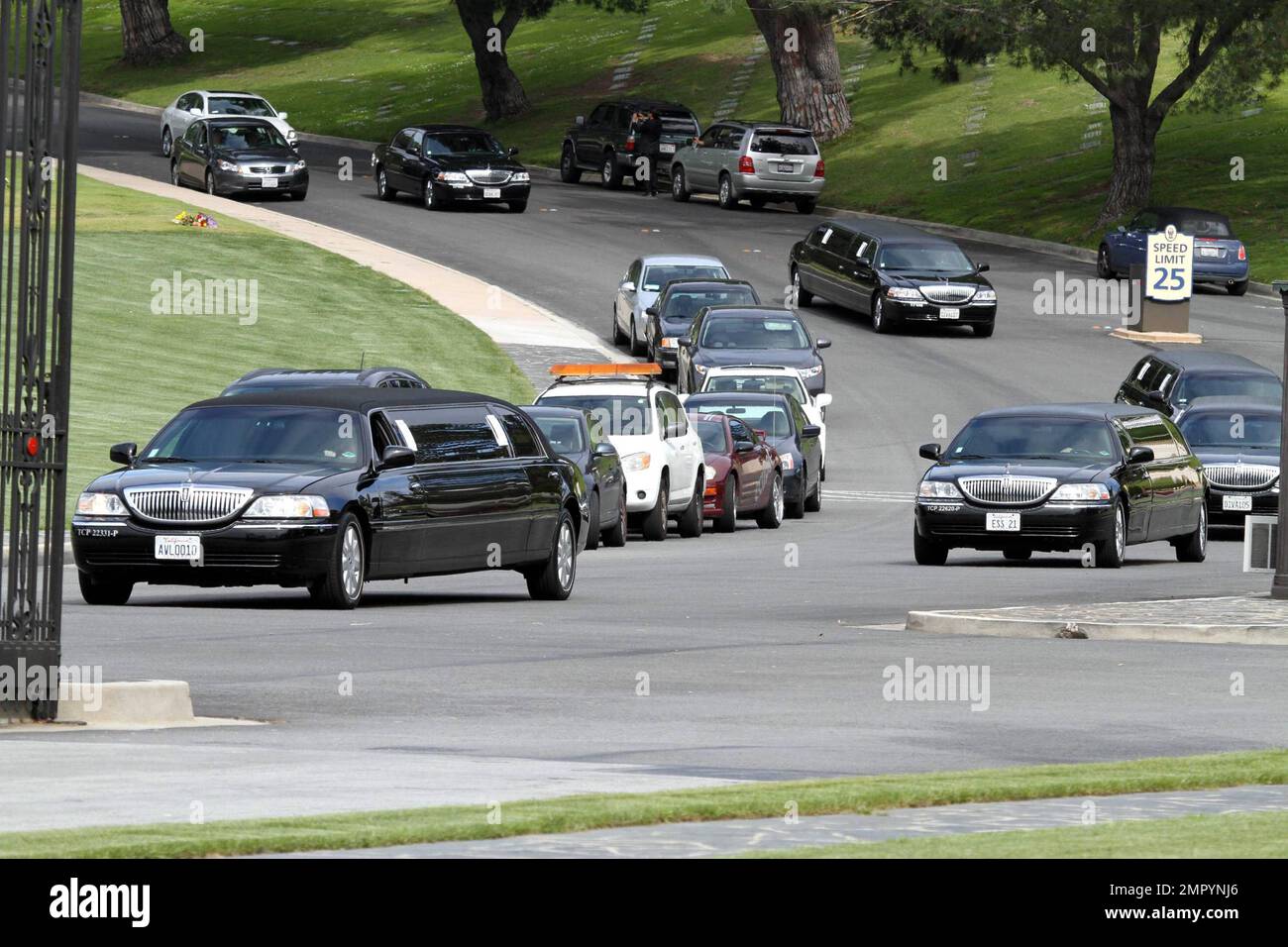 Mourners leave Forest Lawn Memorial Cemetery in limousines after ...