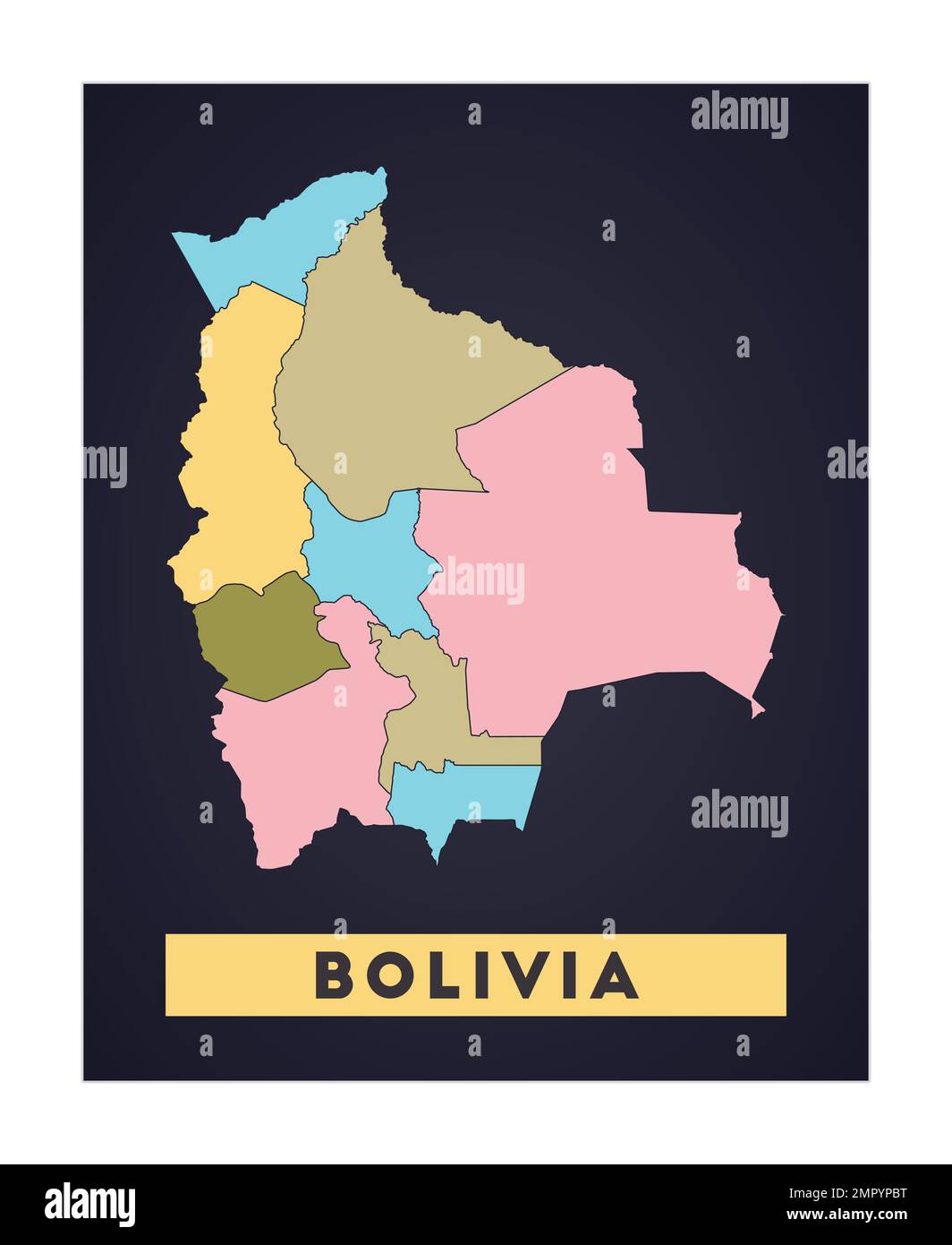 Bolivia map. Country poster with regions. Shape of Bolivia with country name. Authentic vector ...