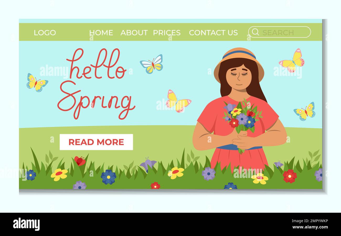 Concept Of Hello Spring Landing With Girl And Flowers For Online Shop ...