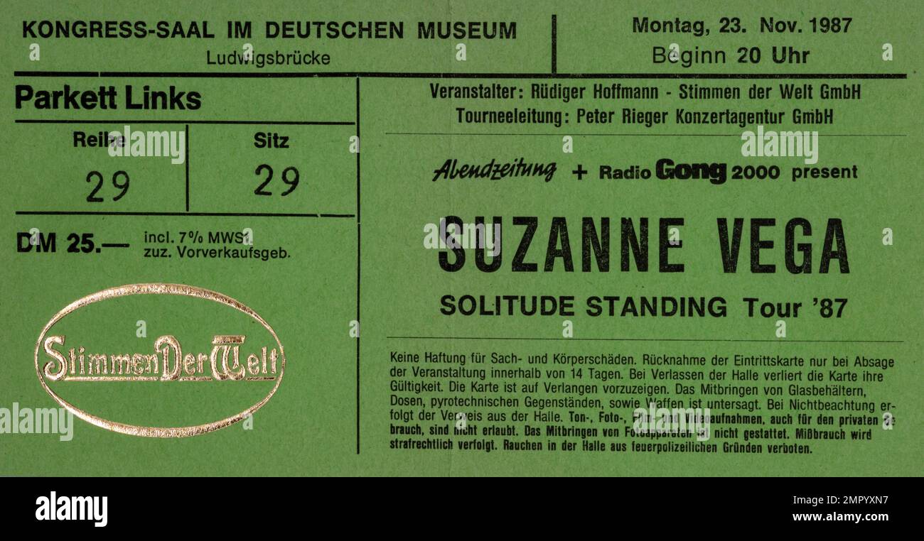 Suzanne Vega, Solitude Standing Tour 87, Munich, Concert Ticket Stubs ...