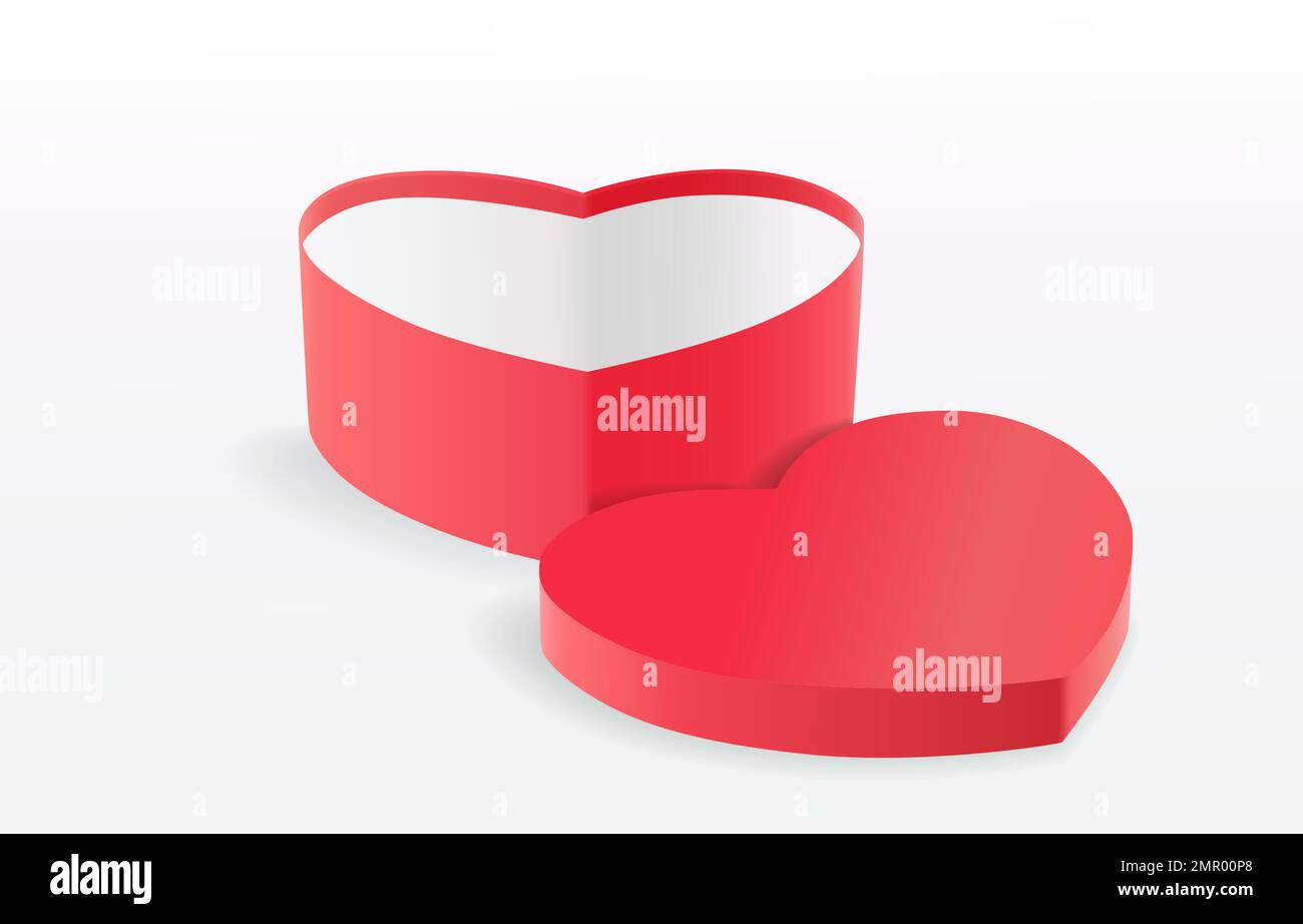 Opened red heart shaped gift box with lid isolated on white background ...