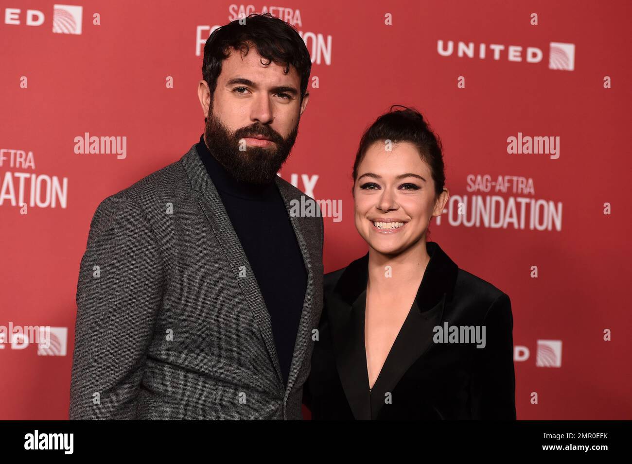 Tom Cullen and Tatiana Maslany arrive at the 2017 Patron of the Artists ...