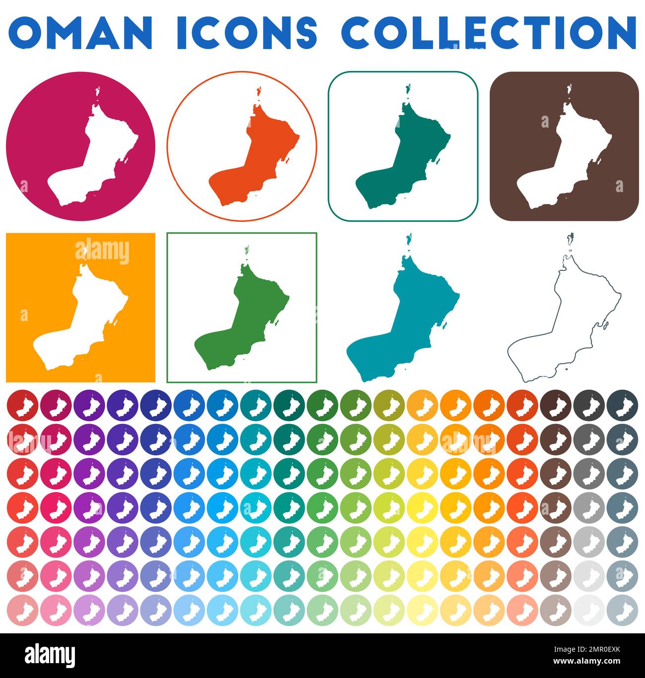 Oman icons collection. Bright colorful trendy map icons. Modern Oman badge with country map ...