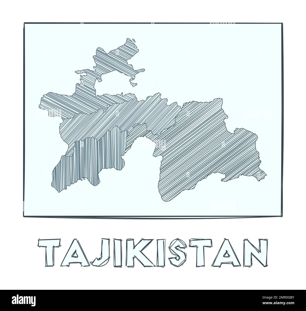 Sketch map of Tajikistan. Grayscale hand-drawn map of the country ...