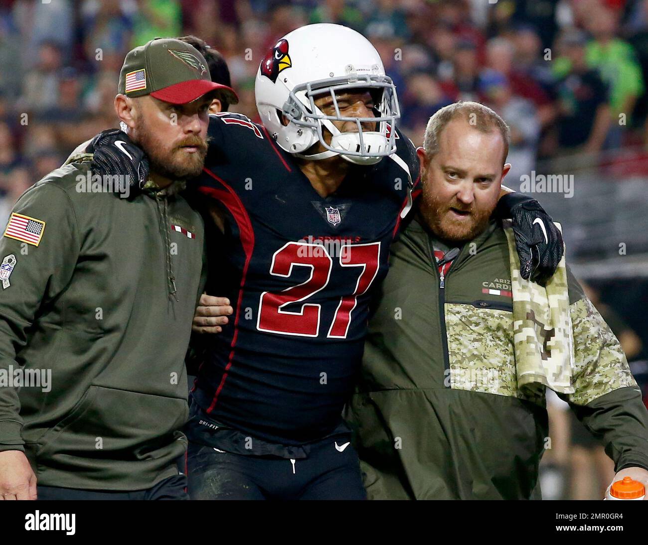 Arizona Cardinals strong safety Tyvon Branch (27) is helped off the ...