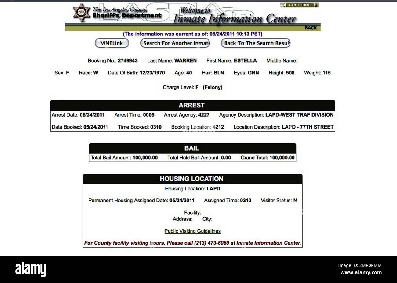 This is the booking information for actress/model Estella Warren who ...