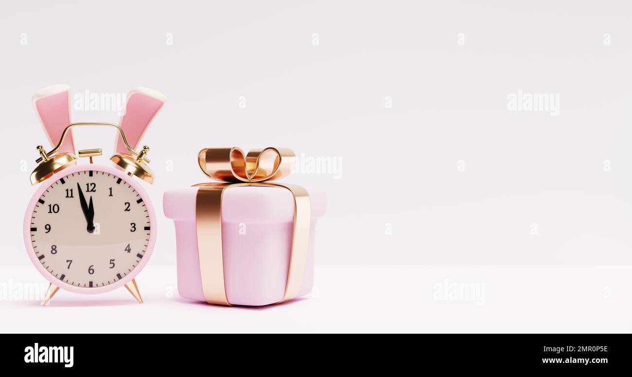 Easter. Luxurious pink alarm clock in rabbit ears, gift box. 3d ...