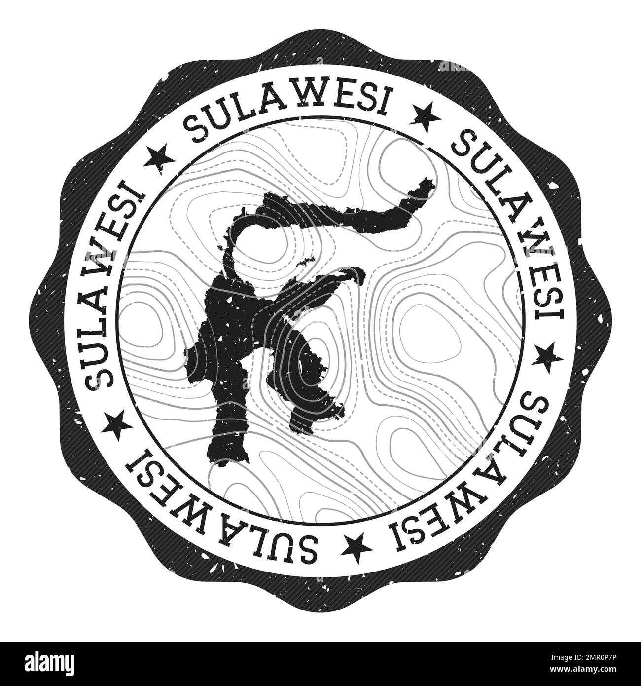 Sulawesi outdoor stamp. Round sticker with map of island with ...