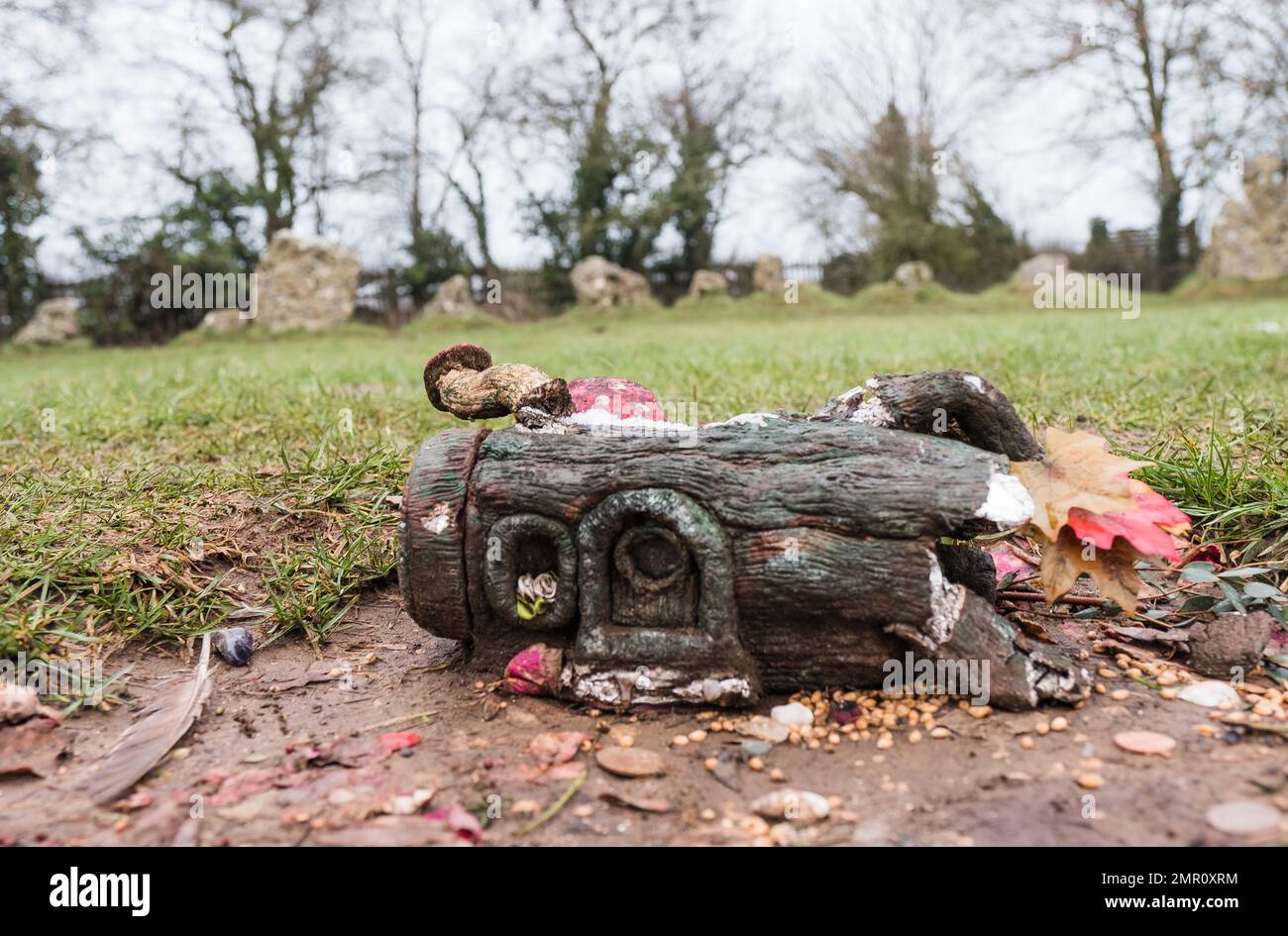 A Wiccan log fairy house in the middle of the stone circle at the ...