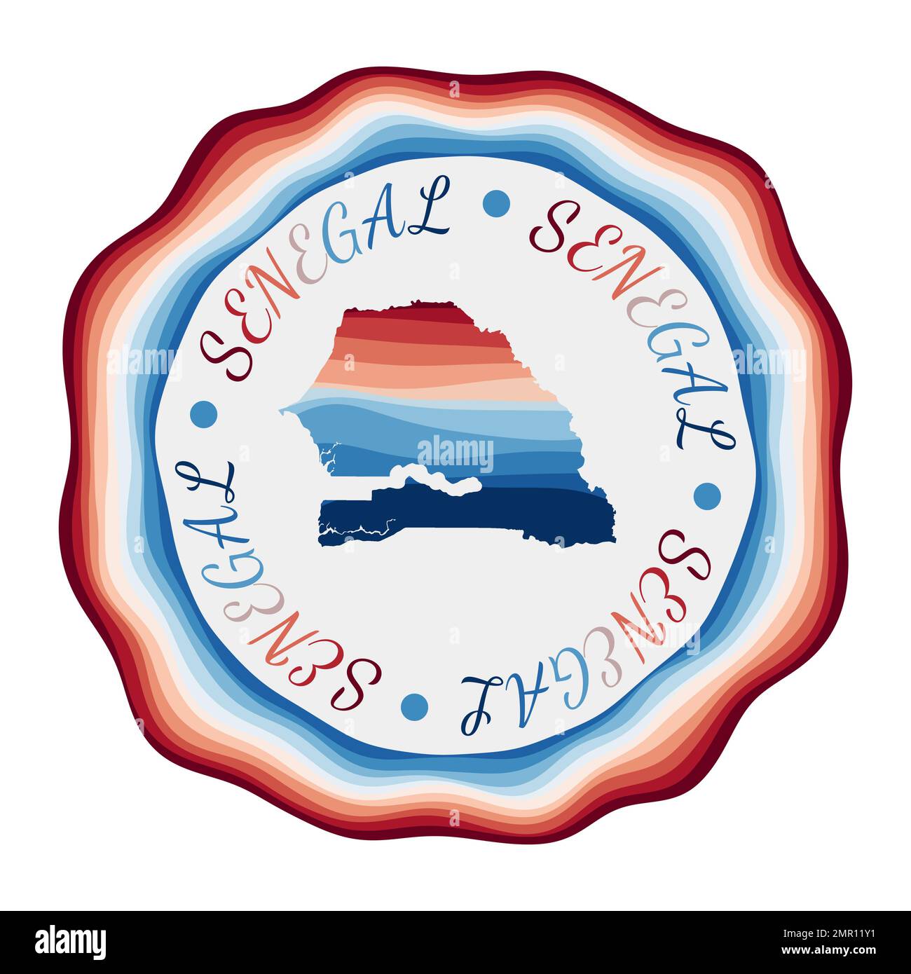 Senegal badge. Map of the country with beautiful geometric waves and vibrant red and blue frame ...
