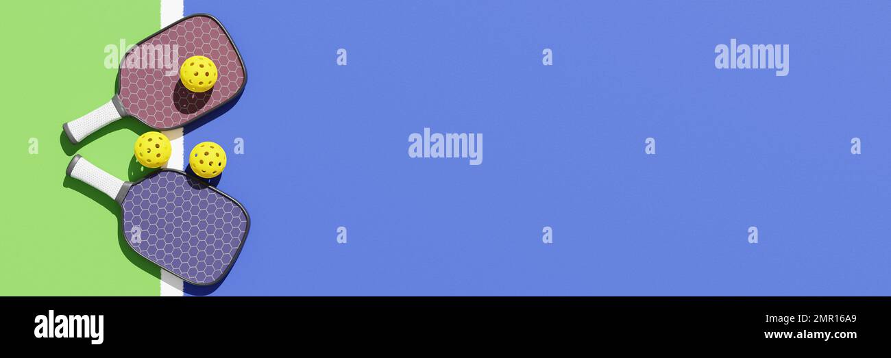 Rackets and pickleball on the court. Banner 3d rendering Stock Photo ...