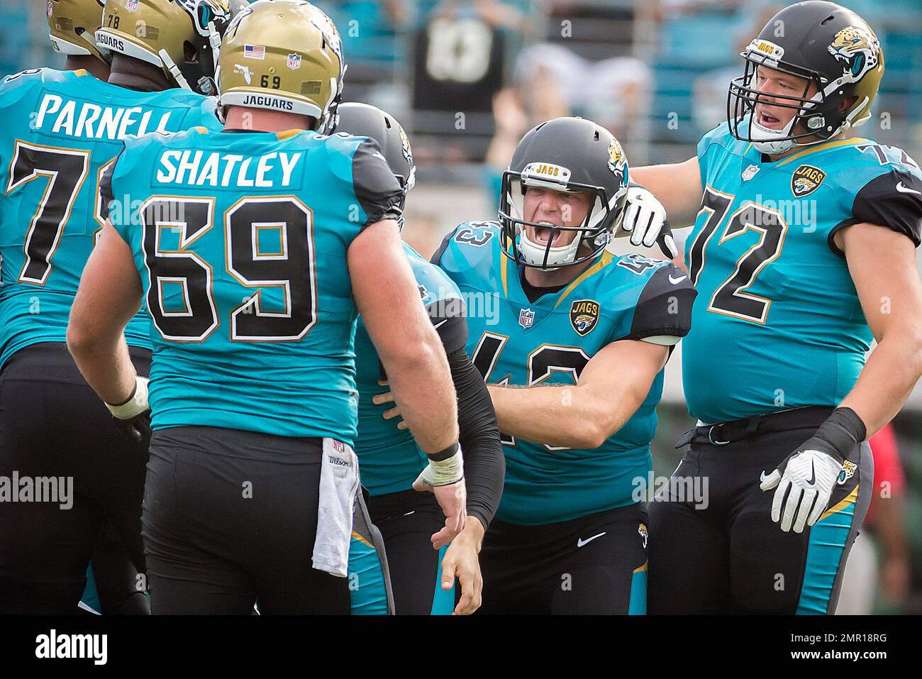 Jacksonville Jaguars long snapper Matt Overton (43) celebrates a long ...