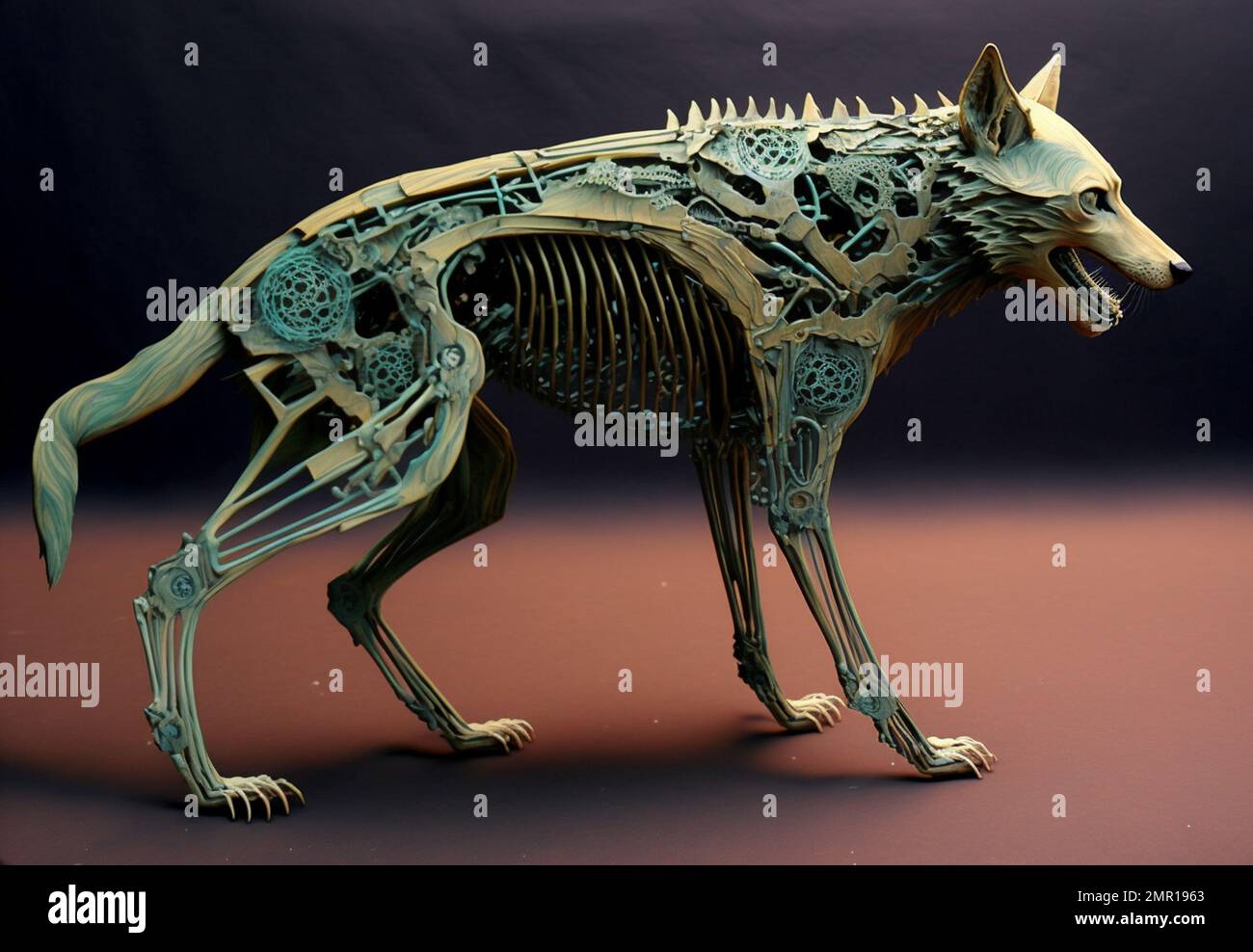 An AI generated illustration of a metal structure of a wolf against ...