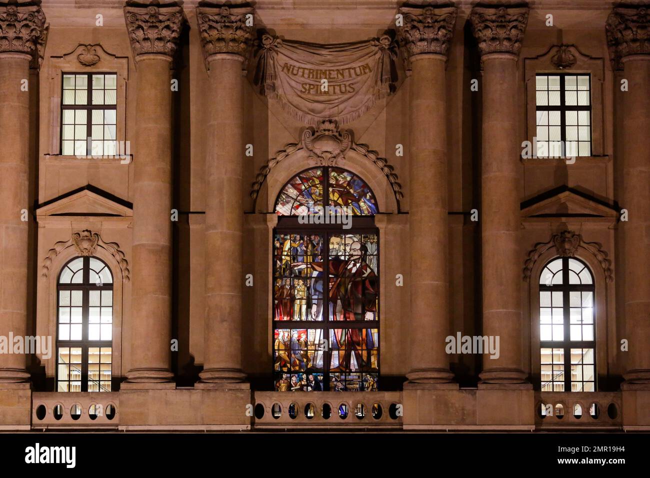 A window with Vladimir Lenin, is illuminated at the 'Old Library' now ...