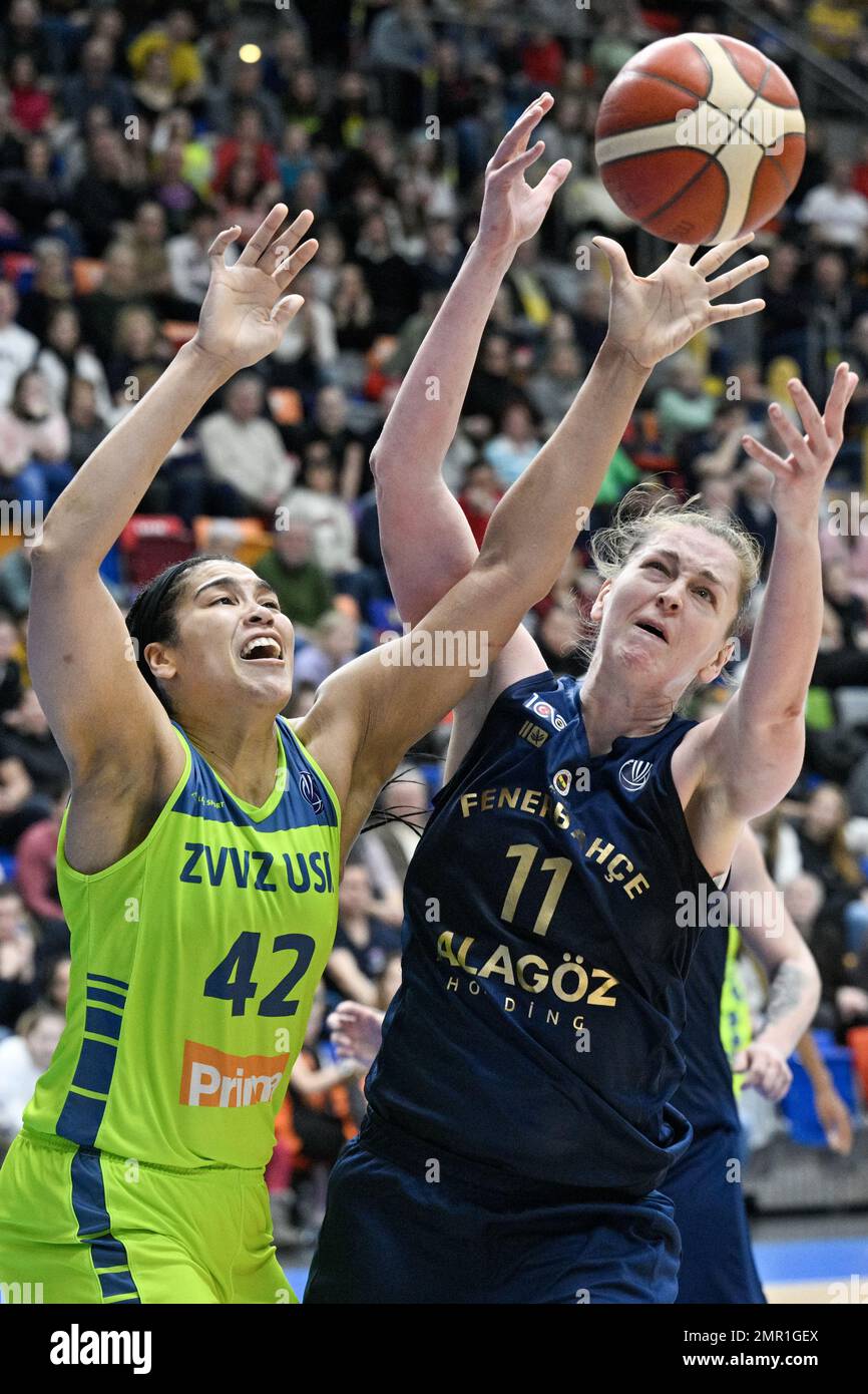 Prague, Czech Republic. 31st Jan, 2023. L-R Brionna Jones (USK) and ...