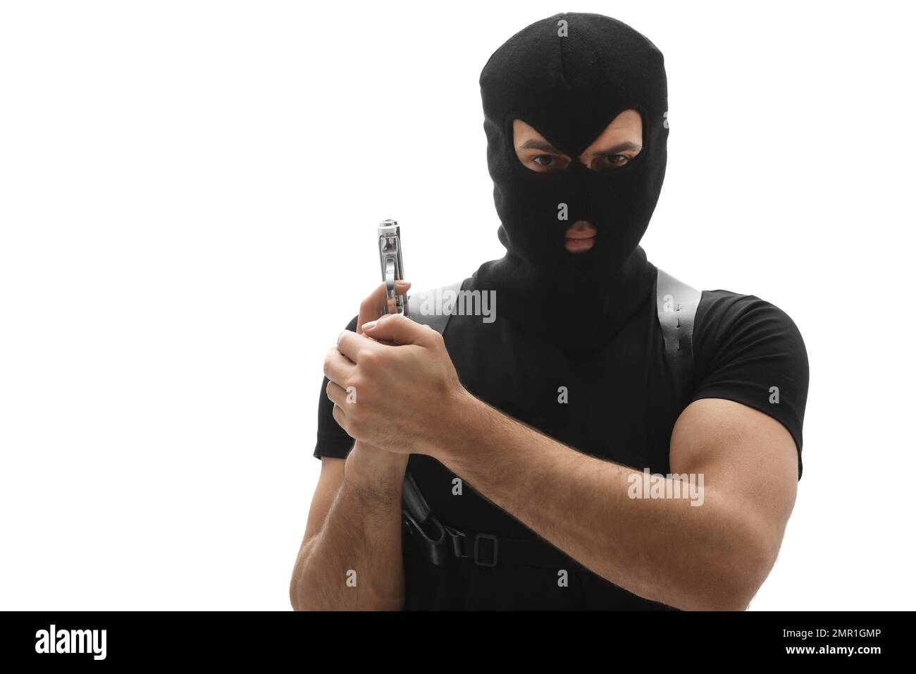 Professional killer with gun on white background Stock Photo - Alamy