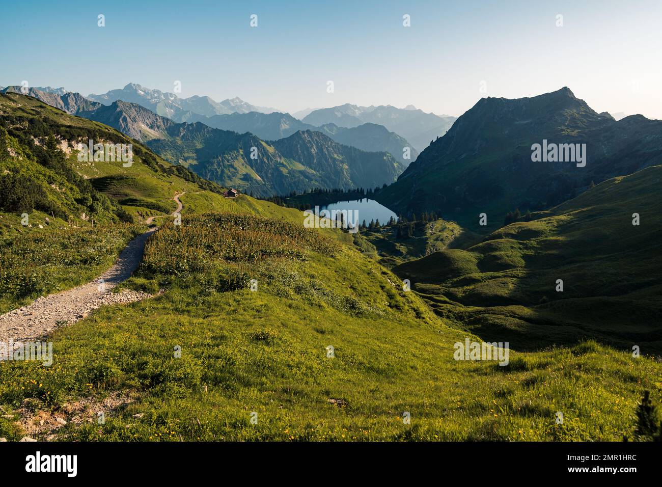 An aerial view of greenery mountain landscape with lake Stock Photo - Alamy