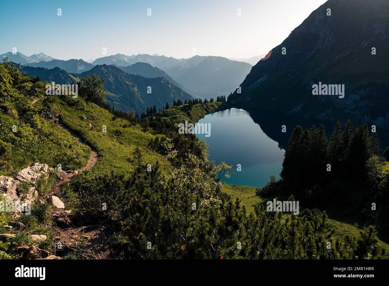 An aerial view of greenery mountain landscape with lake Stock Photo - Alamy