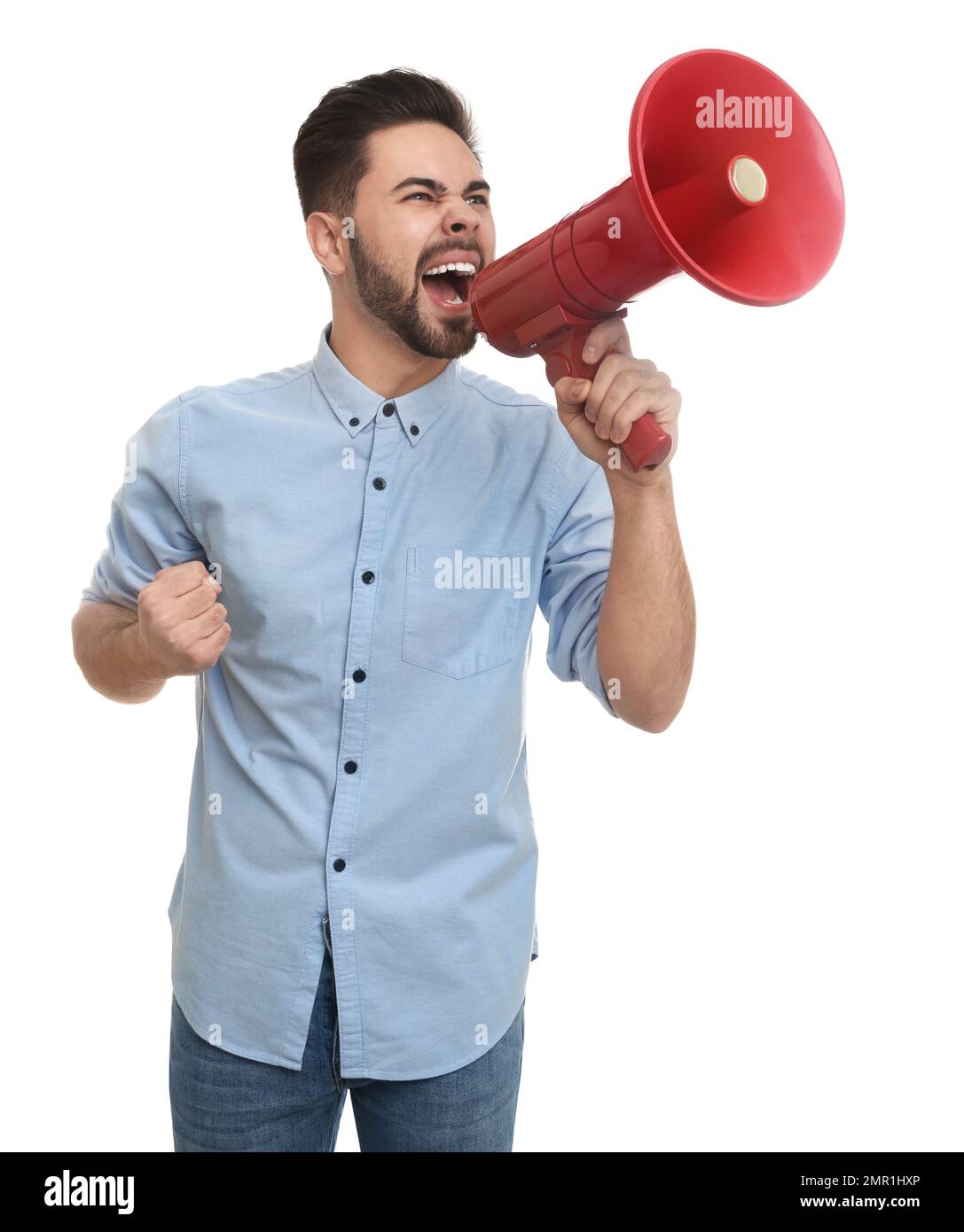 Young man with megaphone on white background Stock Photo - Alamy