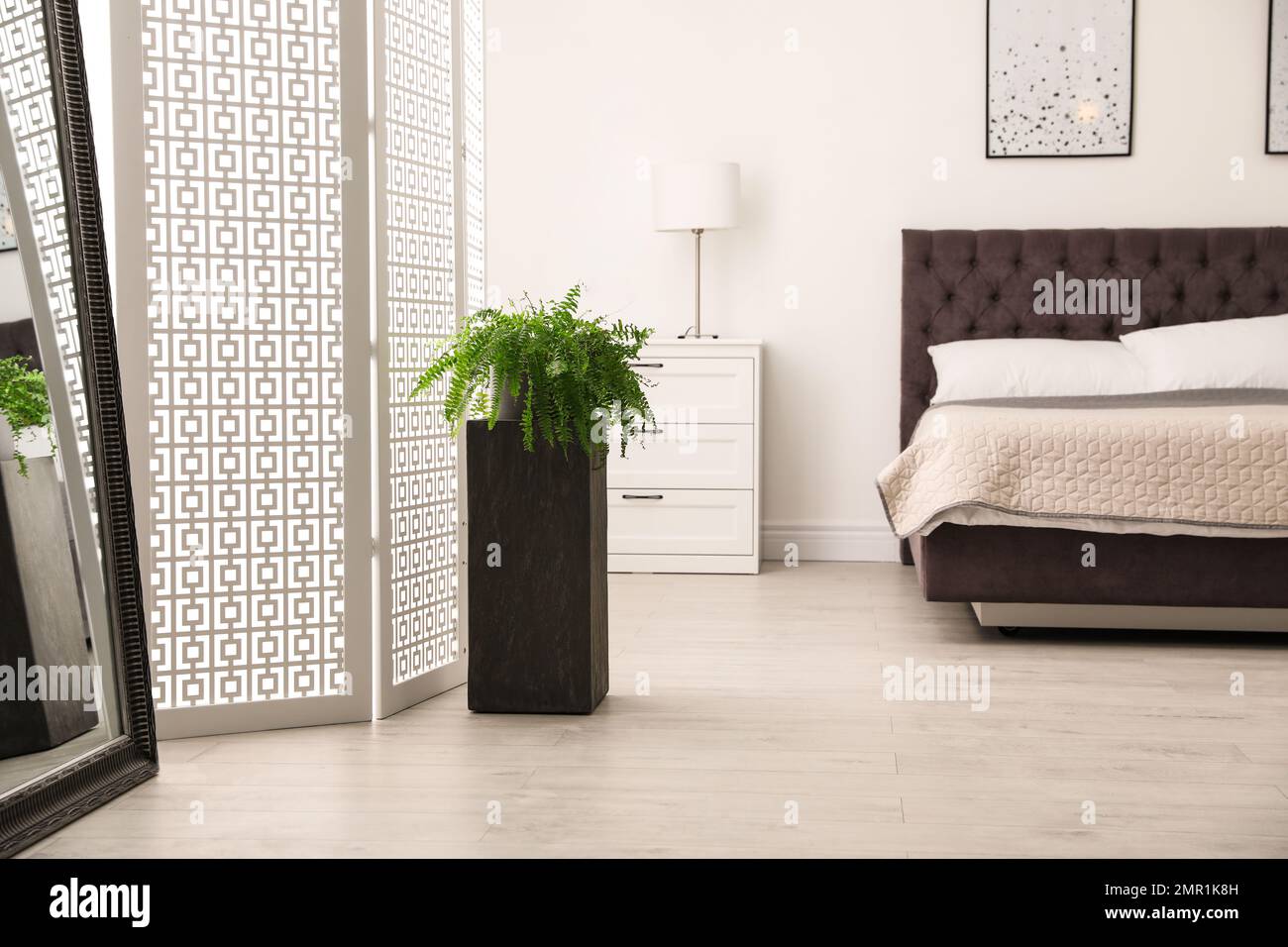 Large pot with plant in bedroom. Element of interior design Stock Photo ...