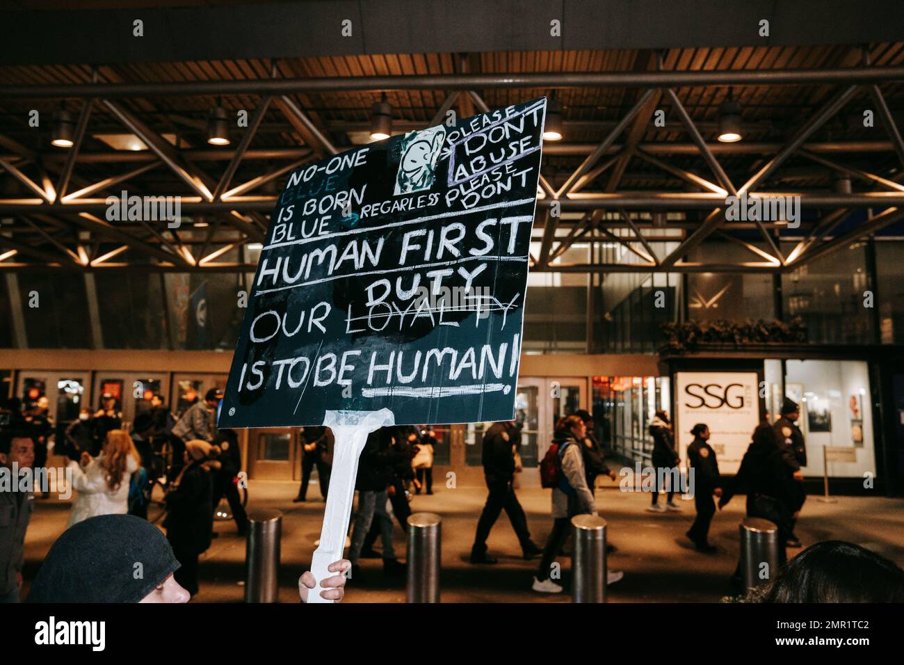 New York, United States. 28th Jan, 2023. Protester holds a placard ...