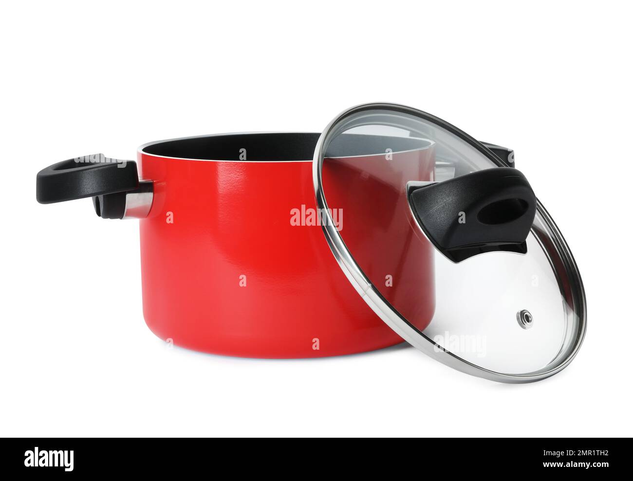 Modern red pot with lid isolated on white Stock Photo - Alamy