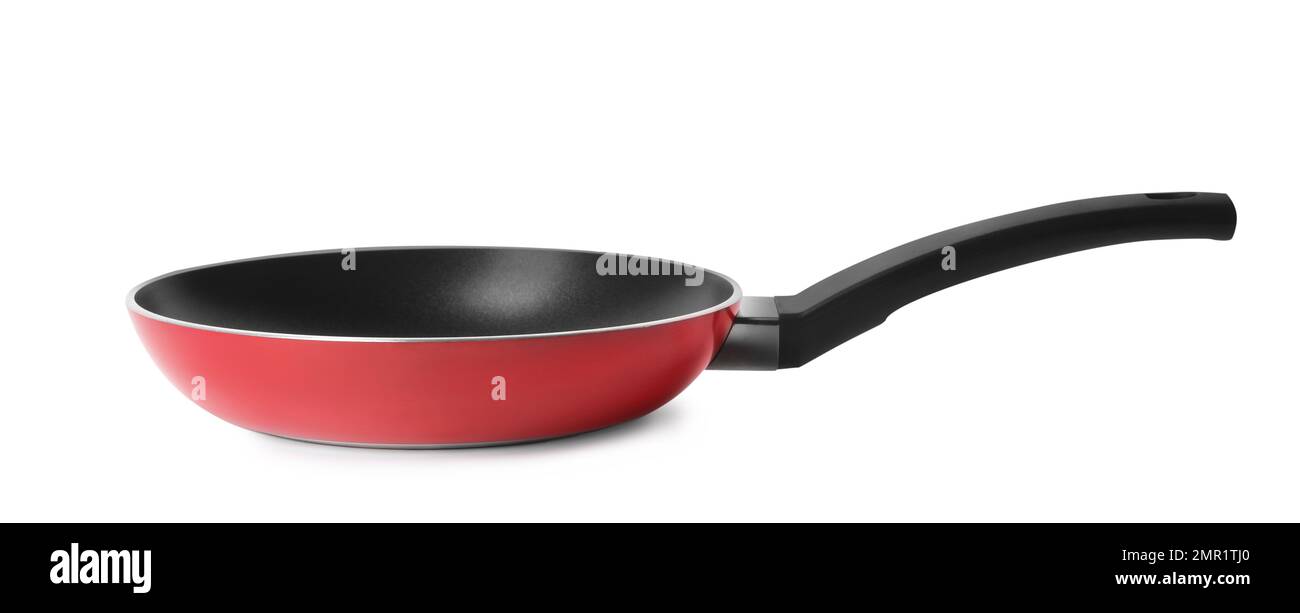 Modern red frying pan isolated on white Stock Photo - Alamy