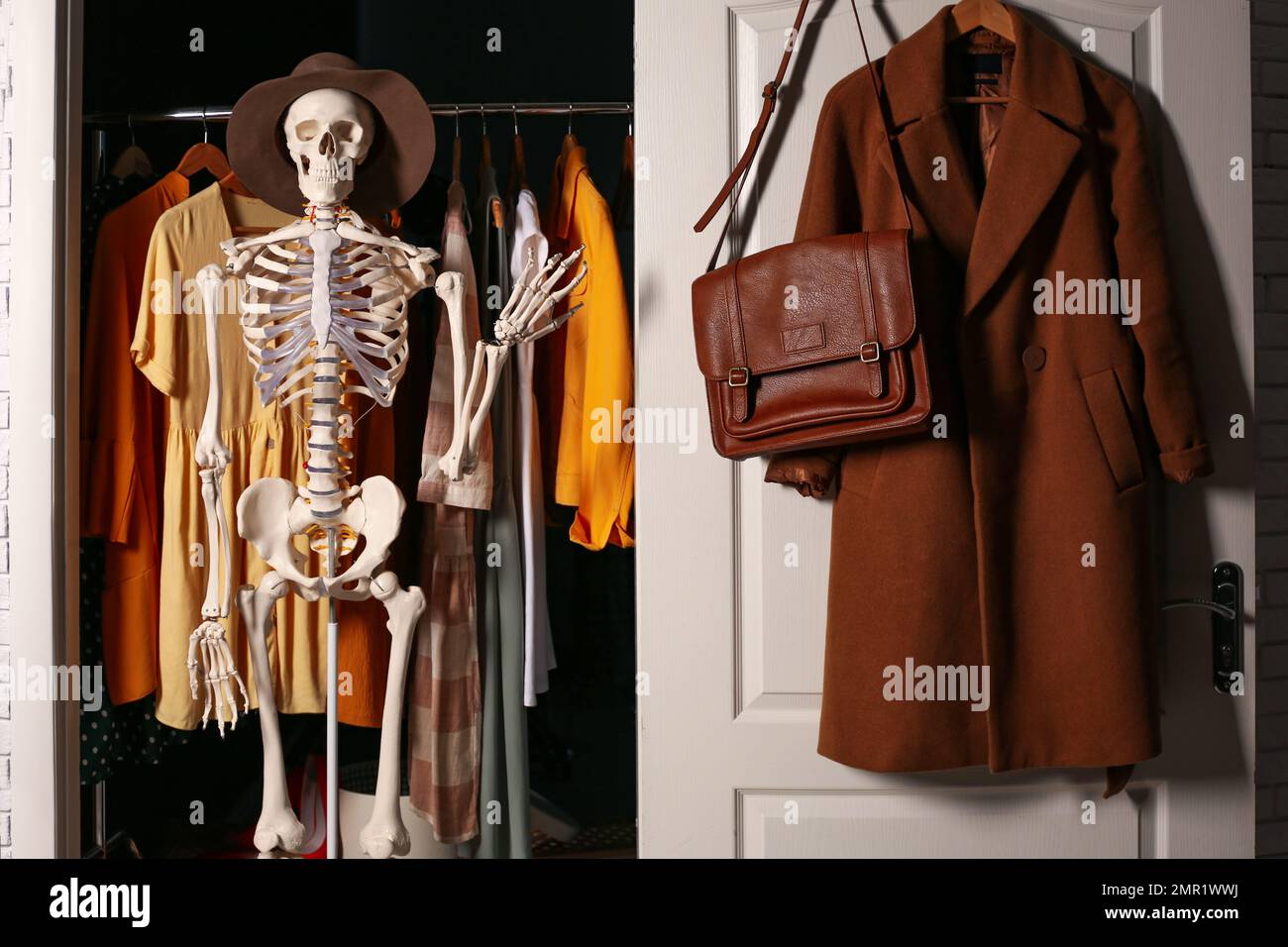 Artificial human skeleton model among clothes in wardrobe Stock Photo ...