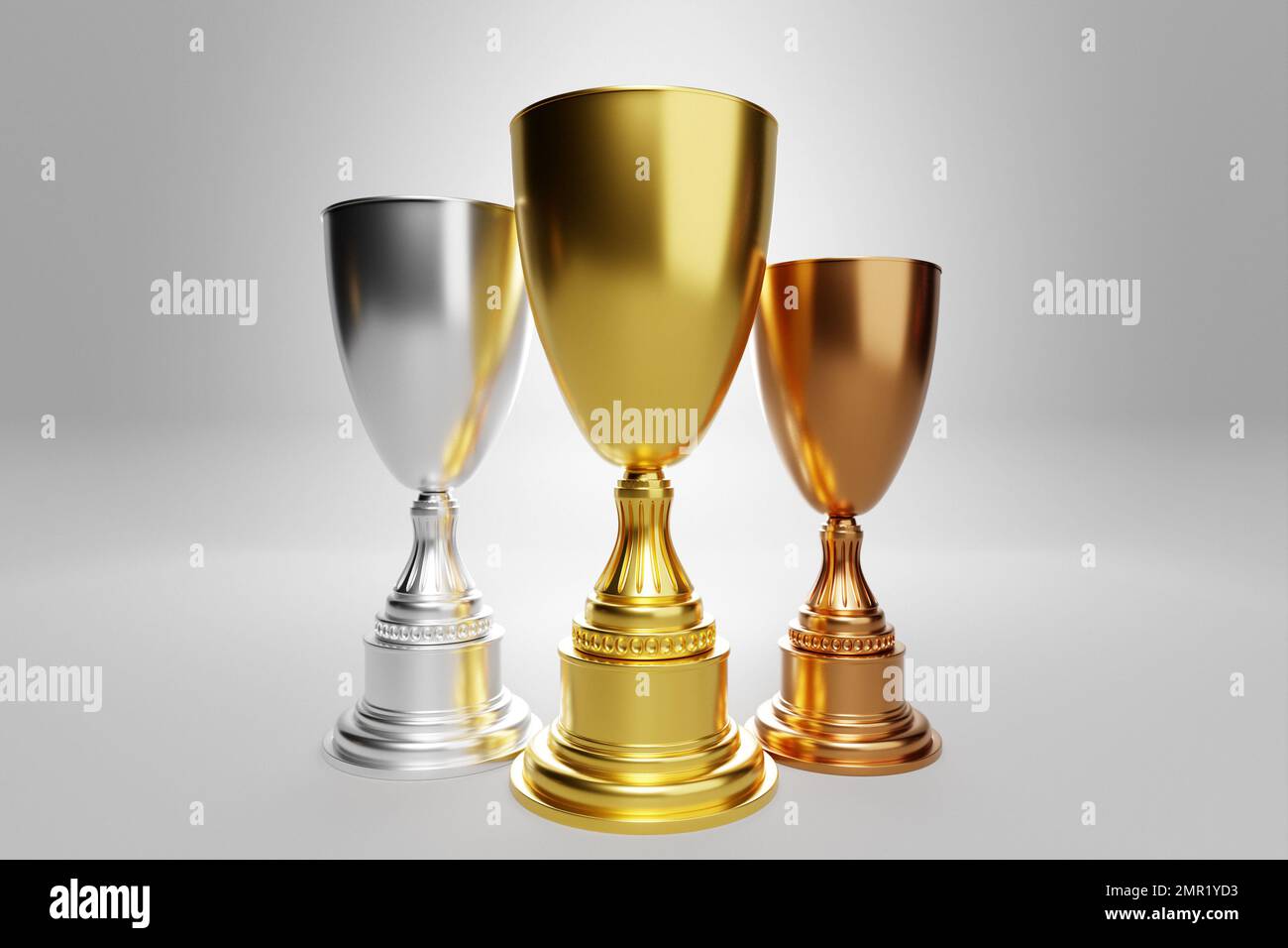 3d illustration of gold, silver and bronze winners cup isolated on gray ...