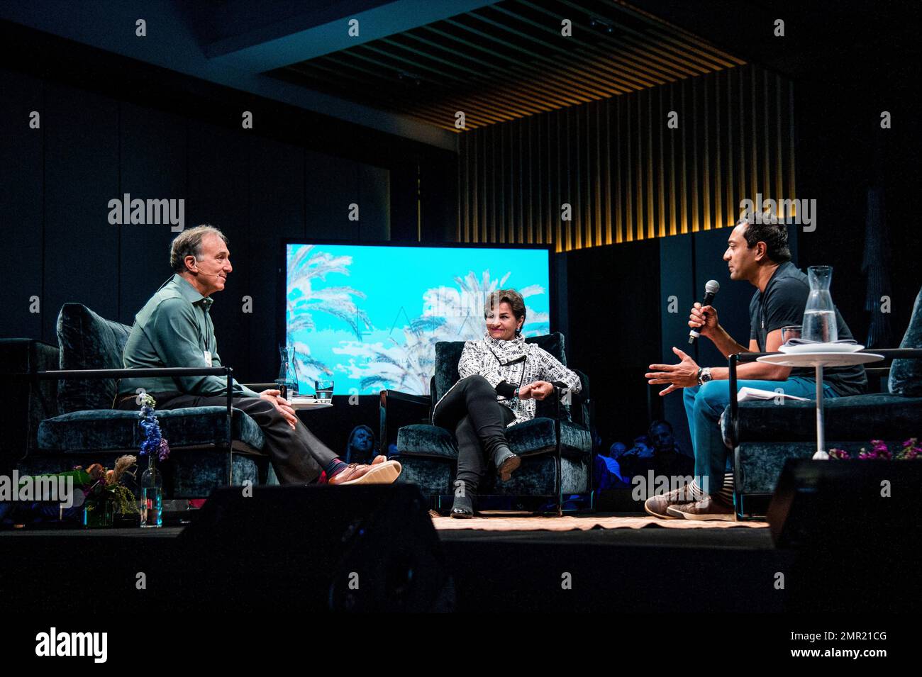 Christiana Figueres, from left, Peter Seligmann and a Summit Host seen ...