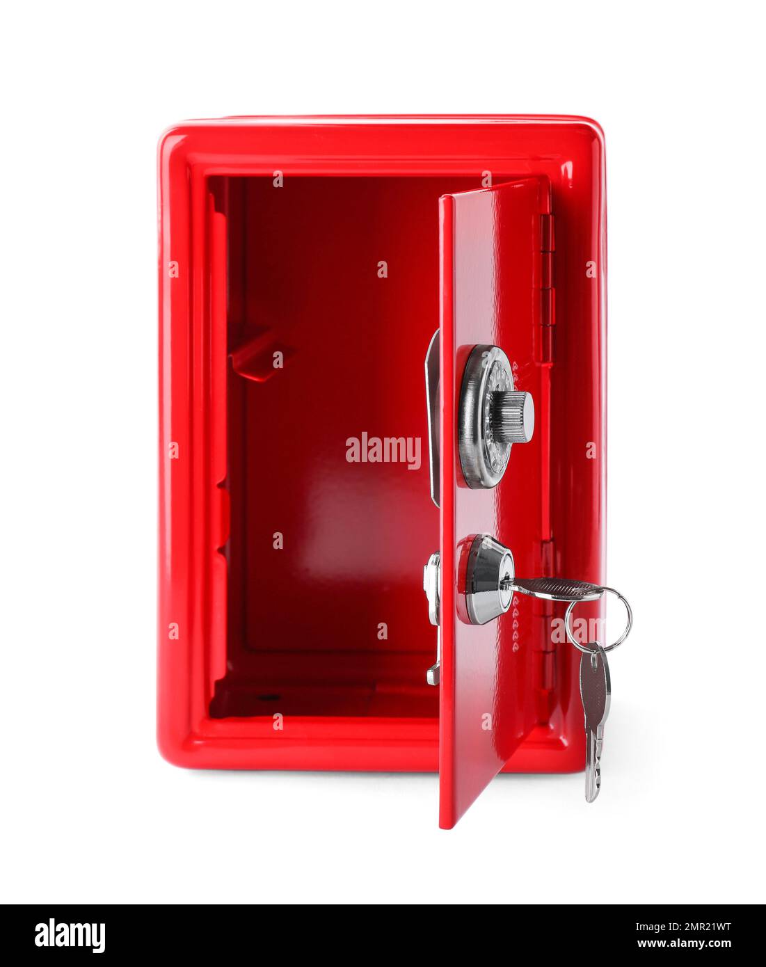 Open red steel with keys safe isolated on white Stock Photo - Alamy