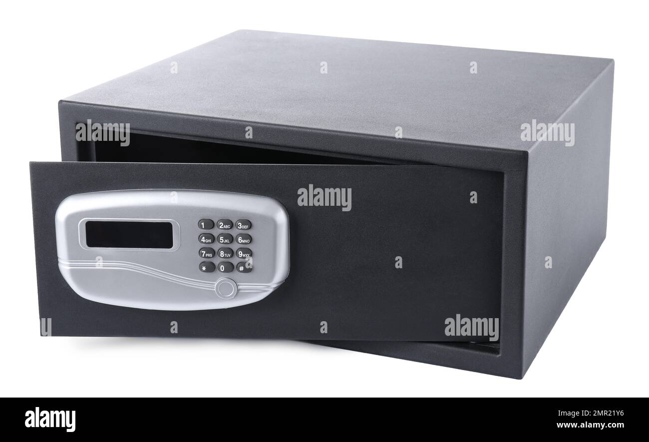 Open black steel safe with electronic lock isolated on white Stock ...
