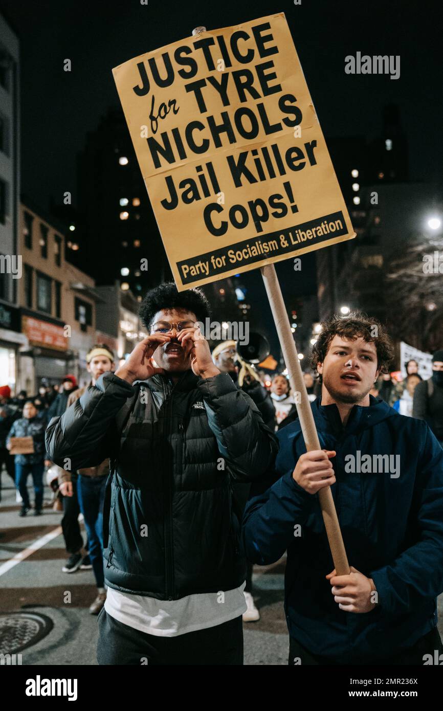 New York, USA. 28th Jan, 2023. Protesters chant slogans and hold a ...